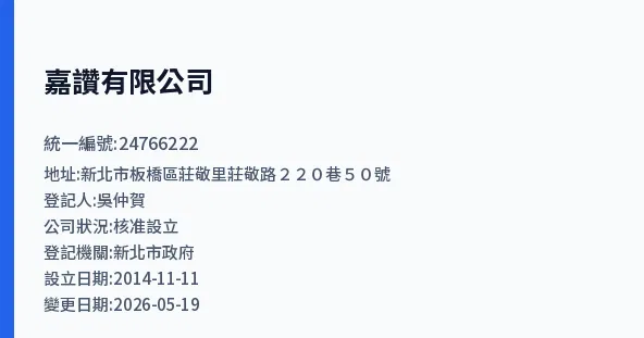嘉讚有限公司的照片-統編 24766222(新北市) 公司登記資料與營業項目詳細圖表