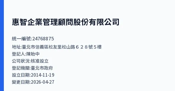惠智企業管理顧問股份有限公司的照片-統編 24768875(臺北市) 公司登記資料與營業項目詳細圖表
