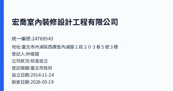 宏喬室內裝修設計工程有限公司的照片-統編 24769543(臺北市) 公司登記資料與營業項目詳細圖表
