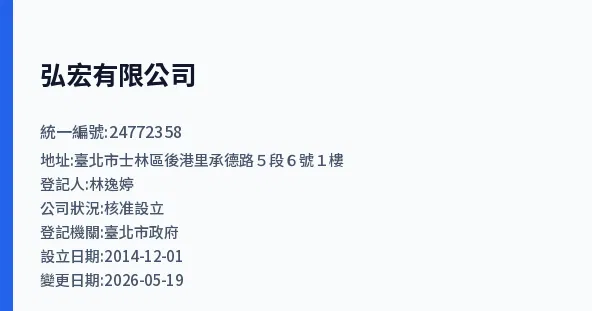 弘宏有限公司的照片-統編 24772358(臺北市) 公司登記資料與營業項目詳細圖表