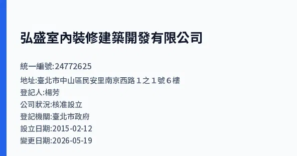 弘盛室內裝修建築開發有限公司的照片-統編 24772625(臺北市) 公司登記資料與營業項目詳細圖表