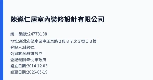 陳遵仁居室內裝修設計有限公司的照片-統編 24773188(新北市) 公司登記資料與營業項目詳細圖表
