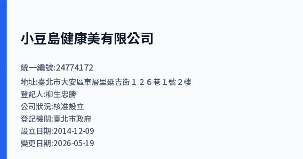 小豆島健康美有限公司的照片-統編 24774172(臺北市) 公司登記資料與營業項目詳細圖表