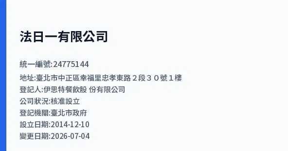 法日一有限公司的照片-統編 24775144(臺北市) 公司登記資料與營業項目詳細圖表