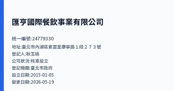 匯亨國際餐飲事業有限公司的照片-統編 24779330(臺北市) 公司登記資料與營業項目詳細圖表