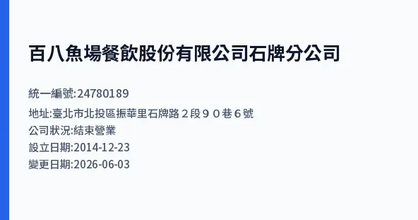 百八魚場餐飲股份有限公司石牌分公司的照片-統編 24780189(臺北市) 公司登記資料與營業項目詳細圖表
