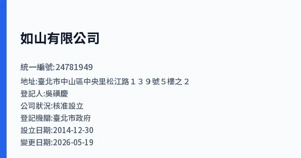如山有限公司的照片-統編 24781949(臺北市) 公司登記資料與營業項目詳細圖表