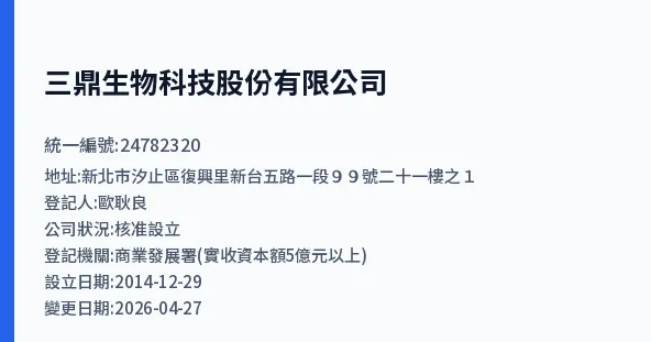 三鼎生物科技股份有限公司的照片-統編 24782320(新北市) 公司登記資料與營業項目詳細圖表