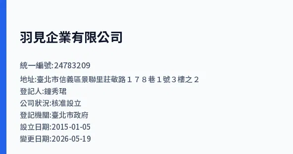 羽見企業有限公司的照片-統編 24783209(臺北市) 公司登記資料與營業項目詳細圖表