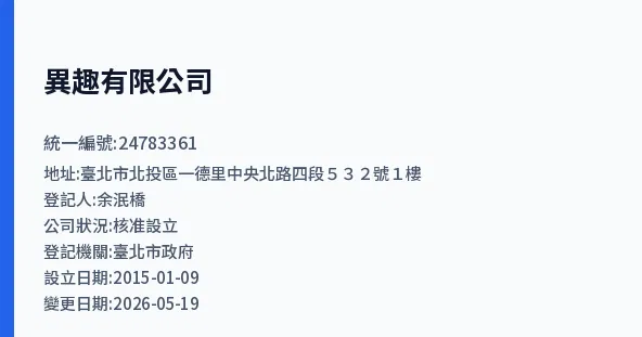 異趣有限公司的照片-統編 24783361(臺北市) 公司登記資料與營業項目詳細圖表