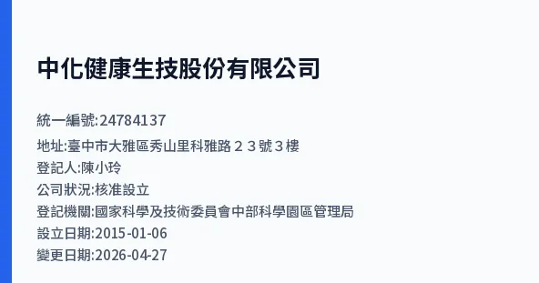 中化健康生技股份有限公司的照片-統編 24784137(臺中市) 公司登記資料與營業項目詳細圖表