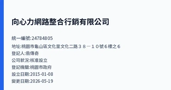 向心力網路整合行銷有限公司的照片-統編 24784805(桃園市) 公司登記資料與營業項目詳細圖表