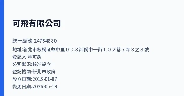 可飛有限公司的照片-統編 24784880(新北市) 公司登記資料與營業項目詳細圖表