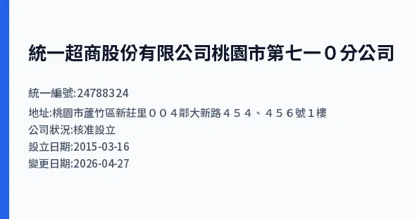 統一超商股份有限公司桃園市第七一0分公司的照片-統編 24788324(桃園市) 公司登記資料與營業項目詳細圖表