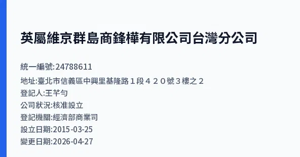 英屬維京群島商鋒樺有限公司台灣分公司的照片-統編 24788611(臺北市) 公司登記資料與營業項目詳細圖表