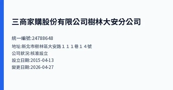 三商家購股份有限公司樹林大安分公司的照片-統編 24788648(新北市) 公司登記資料與營業項目詳細圖表