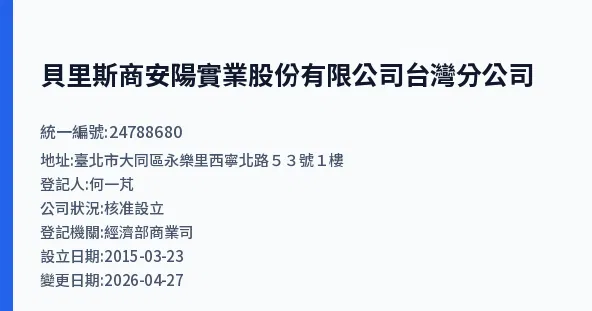貝里斯商安陽實業股份有限公司台灣分公司的照片-統編 24788680(臺北市) 公司登記資料與營業項目詳細圖表
