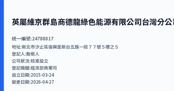 英屬維京群島商德龍綠色能源有限公司台灣分公司的照片-統編 24788817(新北市) 公司登記資料與營業項目詳細圖表