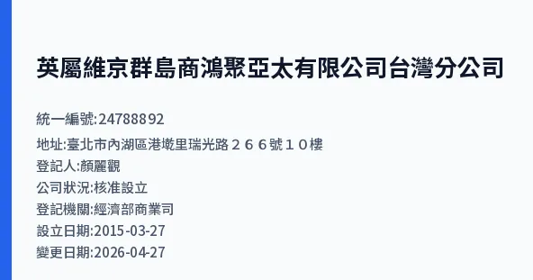 英屬維京群島商鴻聚亞太有限公司台灣分公司的照片-統編 24788892(臺北市) 公司登記資料與營業項目詳細圖表