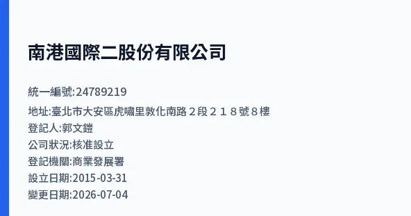 南港國際二股份有限公司的照片-統編 24789219(臺北市) 公司登記資料與營業項目詳細圖表