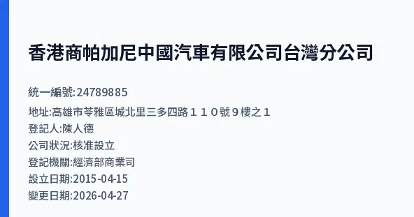 香港商帕加尼中國汽車有限公司台灣分公司的照片-統編 24789885(高雄市) 公司登記資料與營業項目詳細圖表