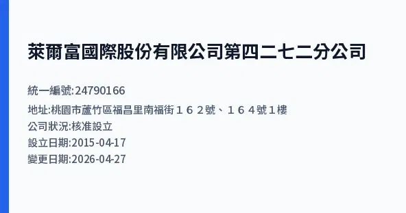 萊爾富國際股份有限公司第四二七二分公司的照片-統編 24790166(桃園市) 公司登記資料與營業項目詳細圖表