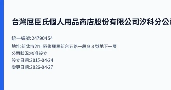 台灣屈臣氏個人用品商店股份有限公司汐科分公司的照片-統編 24790454(新北市) 公司登記資料與營業項目詳細圖表