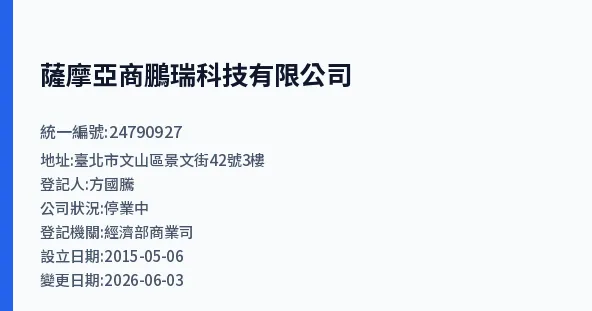 薩摩亞商鵬瑞科技有限公司的照片-統編 24790927(臺北市) 公司登記資料與營業項目詳細圖表