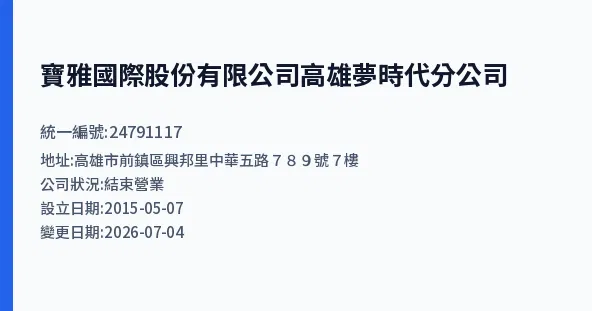 寶雅國際股份有限公司高雄夢時代分公司的照片-統編 24791117(高雄市) 公司登記資料與營業項目詳細圖表