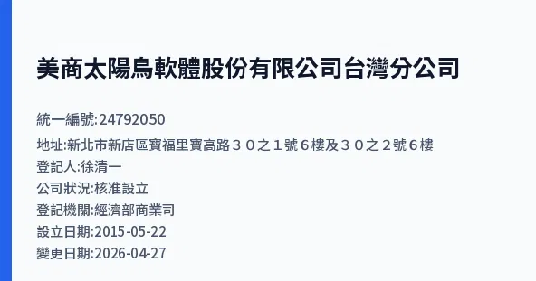 美商太陽鳥軟體股份有限公司台灣分公司的照片-統編 24792050(新北市) 公司登記資料與營業項目詳細圖表