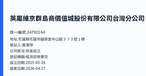 英屬維京群島商價值城股份有限公司台灣分公司的照片-統編 24792164(花蓮縣) 公司登記資料與營業項目詳細圖表