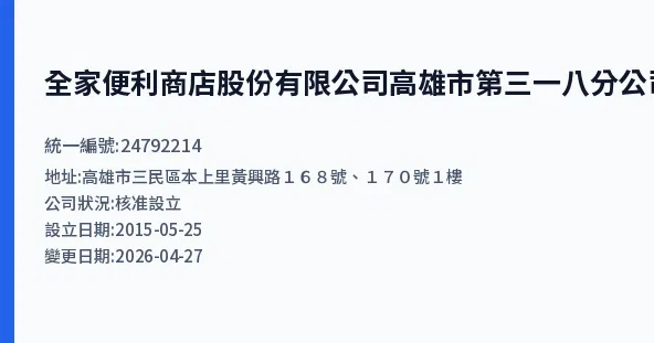 全家便利商店股份有限公司高雄市第三一八分公司的照片-統編 24792214(高雄市) 公司登記資料與營業項目詳細圖表