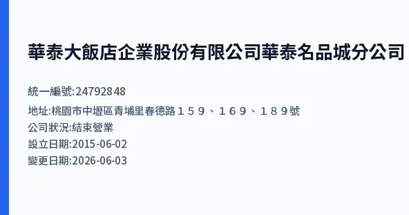 華泰大飯店企業股份有限公司華泰名品城分公司的照片-統編 24792848(桃園市) 公司登記資料與營業項目詳細圖表