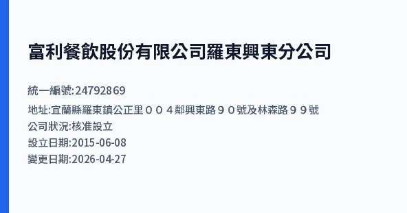 富利餐飲股份有限公司羅東興東分公司的照片-統編 24792869(宜蘭縣) 公司登記資料與營業項目詳細圖表