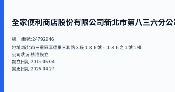 全家便利商店股份有限公司新北市第八三六分公司的照片-統編 24792946(新北市) 公司登記資料與營業項目詳細圖表