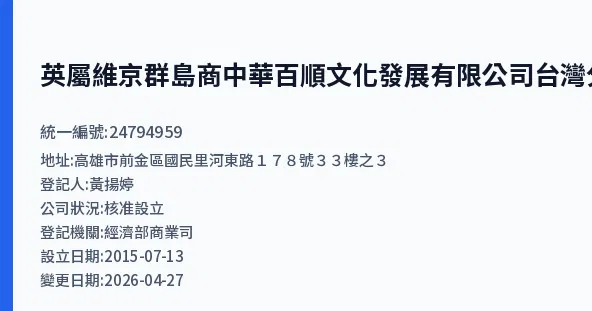 英屬維京群島商中華百順文化發展有限公司台灣分公司的照片-統編 24794959(高雄市) 公司登記資料與營業項目詳細圖表