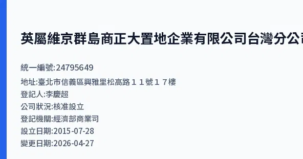 英屬維京群島商正大置地企業有限公司台灣分公司的照片-統編 24795649(臺北市) 公司登記資料與營業項目詳細圖表