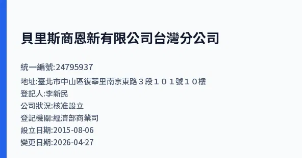 貝里斯商恩新有限公司台灣分公司的照片-統編 24795937(臺北市) 公司登記資料與營業項目詳細圖表