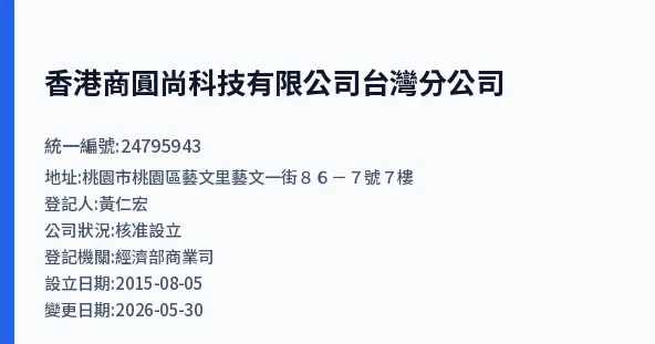 香港商圓尚科技有限公司台灣分公司的照片-統編 24795943(桃園市) 公司登記資料與營業項目詳細圖表