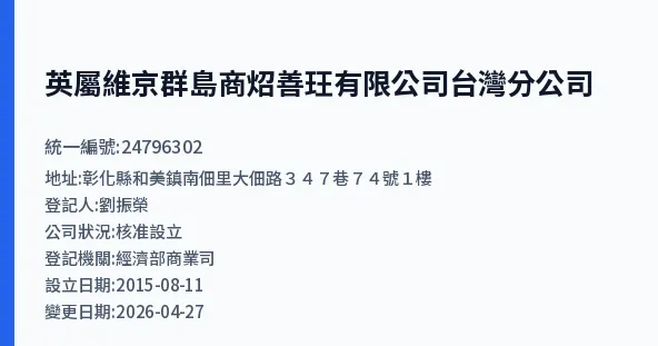英屬維京群島商炤善玨有限公司台灣分公司的照片-統編 24796302(彰化縣) 公司登記資料與營業項目詳細圖表