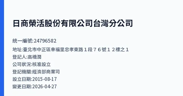 日商榮活股份有限公司台灣分公司的照片-統編 24796582(臺北市) 公司登記資料與營業項目詳細圖表