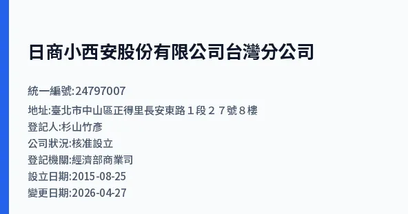 日商小西安股份有限公司台灣分公司的照片-統編 24797007(臺北市) 公司登記資料與營業項目詳細圖表