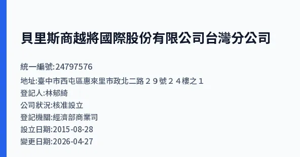 貝里斯商越將國際股份有限公司台灣分公司的照片-統編 24797576(臺中市) 公司登記資料與營業項目詳細圖表