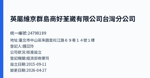 英屬維京群島商好荃崴有限公司台灣分公司的照片-統編 24798189(臺北市) 公司登記資料與營業項目詳細圖表