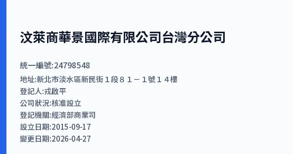 汶萊商華景國際有限公司台灣分公司的照片-統編 24798548(新北市) 公司登記資料與營業項目詳細圖表
