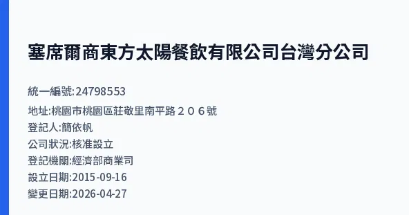 塞席爾商東方太陽餐飲有限公司台灣分公司的照片-統編 24798553(桃園市) 公司登記資料與營業項目詳細圖表