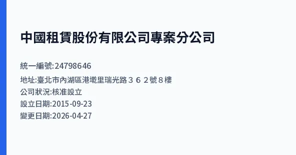 中國租賃股份有限公司專案分公司的照片-統編 24798646(臺北市) 公司登記資料與營業項目詳細圖表