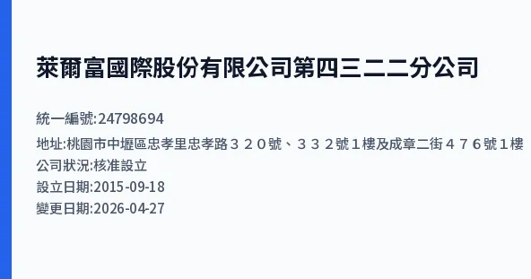 萊爾富國際股份有限公司第四三二二分公司的照片-統編 24798694(桃園市) 公司登記資料與營業項目詳細圖表