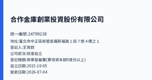 合作金庫創業投資股份有限公司的照片-統編 24799238(臺北市) 公司登記資料與營業項目詳細圖表