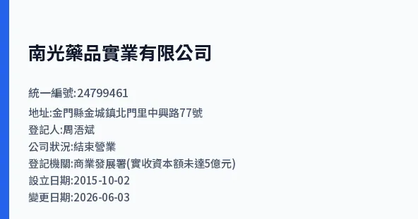 南光藥品實業有限公司的照片-統編 24799461(金門縣) 公司登記資料與營業項目詳細圖表